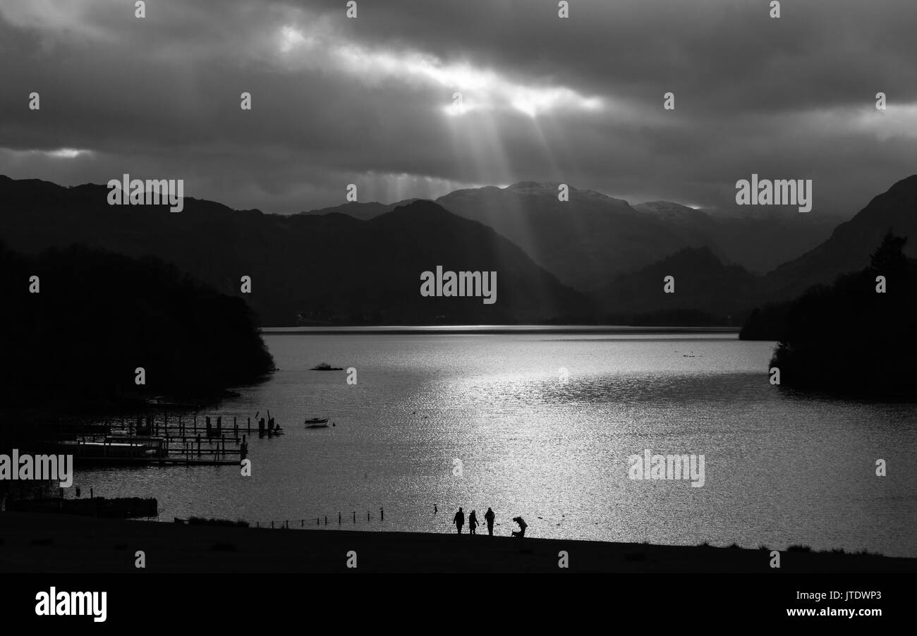 Derwentwater Sun Rays. A high contrast black and white image of sun ...