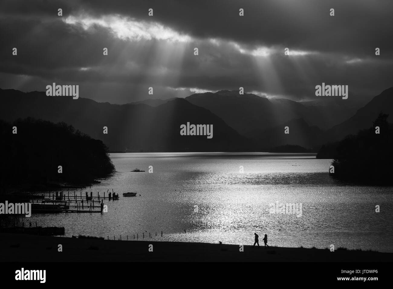Derwentwater Sun Rays. A high contrast black and white image of sun ...
