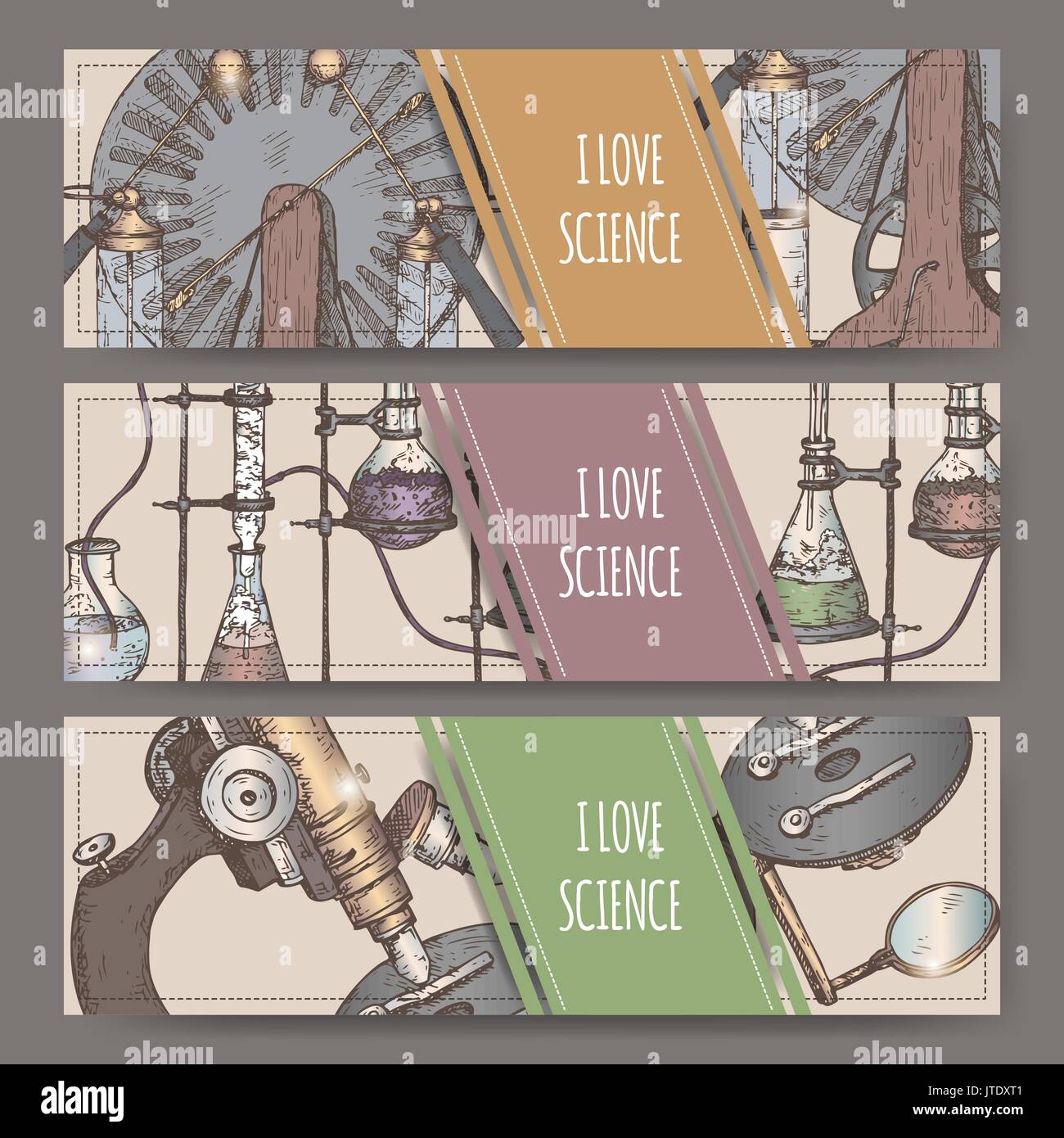 Three color landscape banners with hand drawn science equipment sketch ...