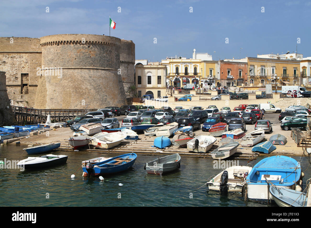 Old Town with castle ,city wall and harbour in Gallipoli ,Italy Stock ...