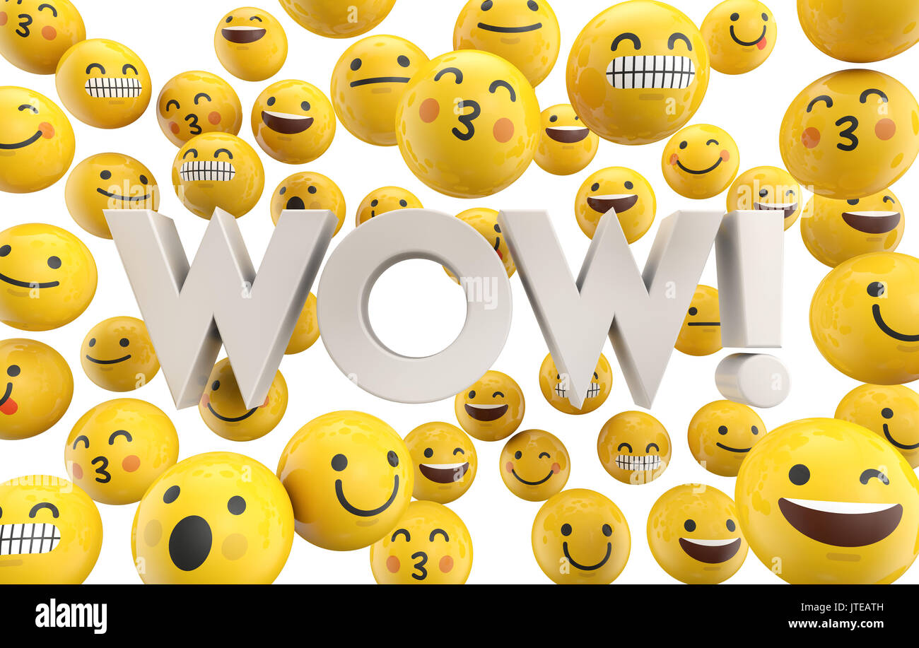 Set of emoji emoticon character faces with the word WOW, 3D Rendering ...