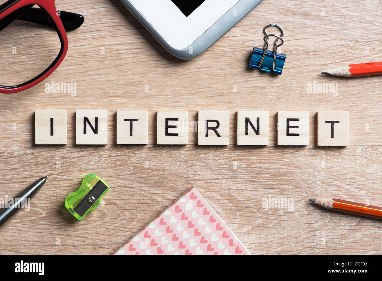 Computer and internet conceptual words spelled with game wooden blocks ...
