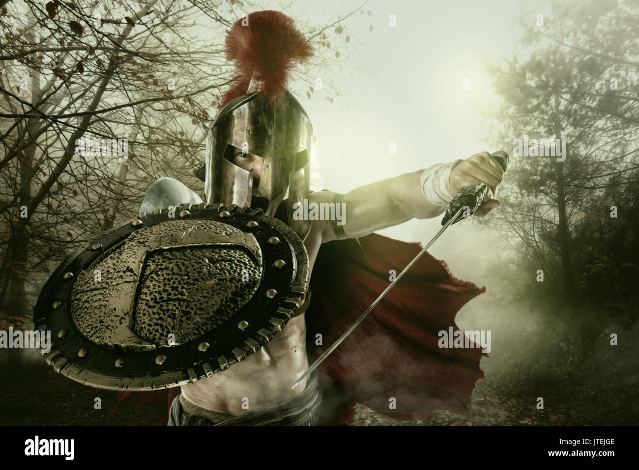 Ancient warrior or Gladiator ready to battle in a forest Stock Photo ...