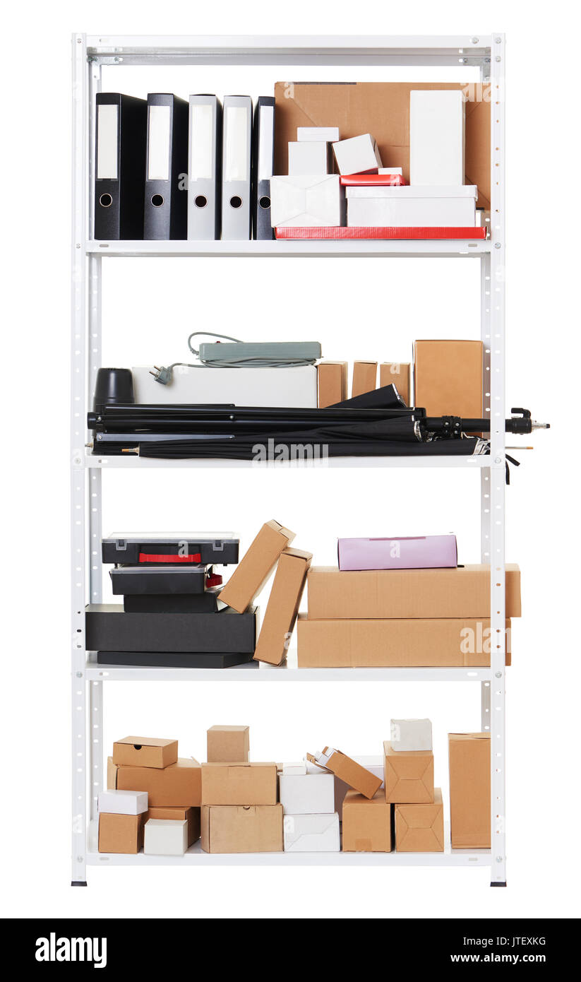 white metal rack with boxes, tools and different things, isolated ...