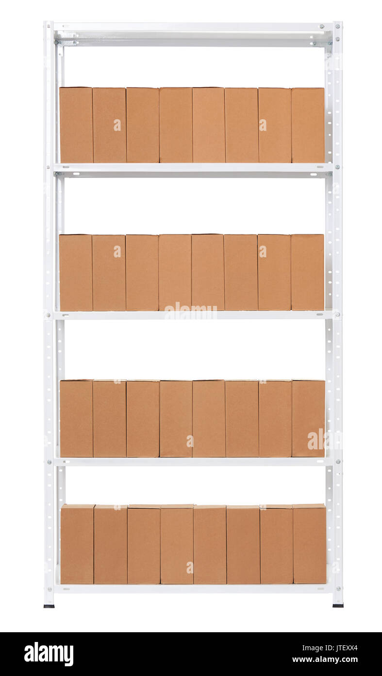 Rack with identical boxes aligned in a row, isolated object photo on ...