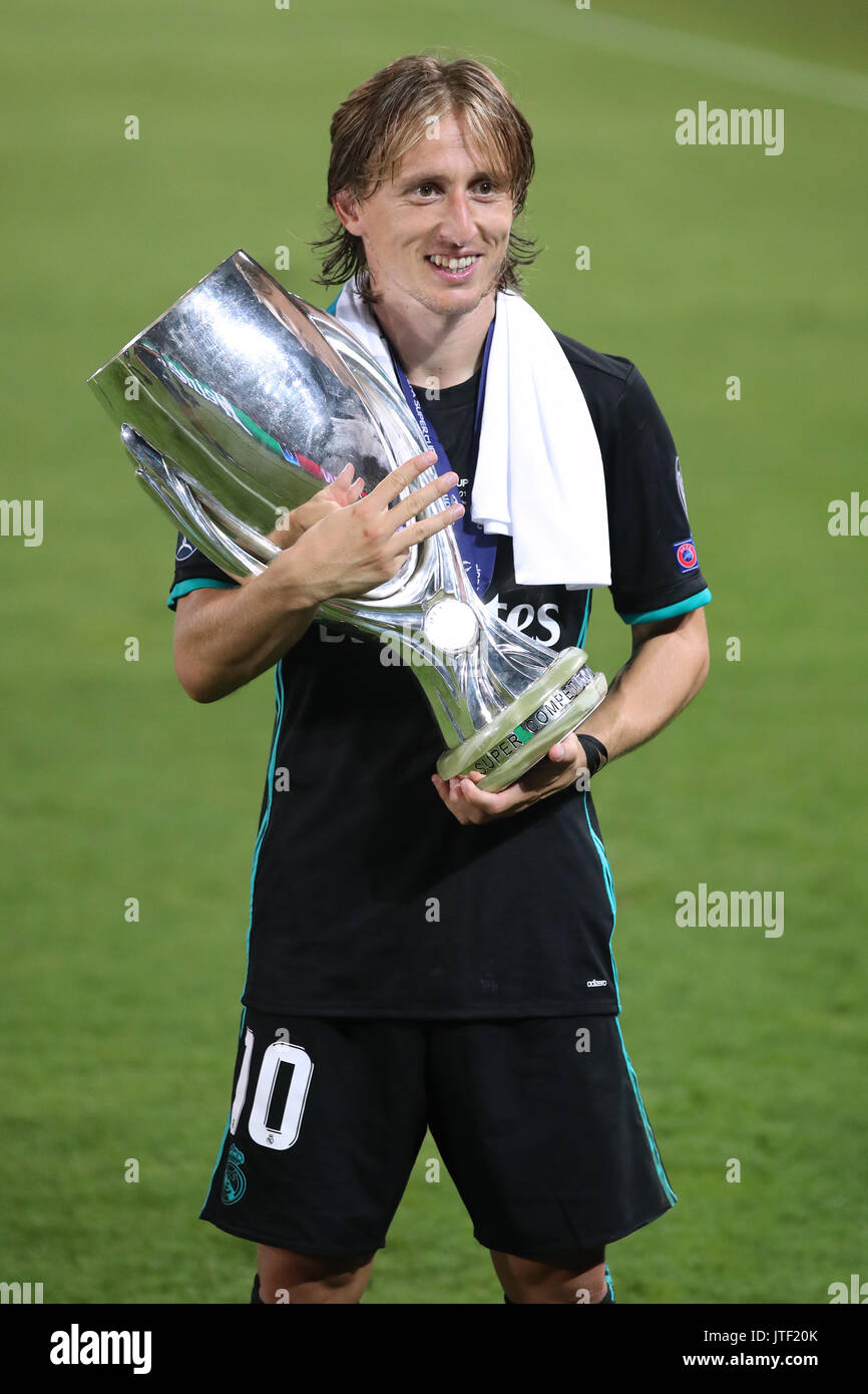 Real Madrid's Luka Modric celebrates with the UEFA Super Cup Trophy ...