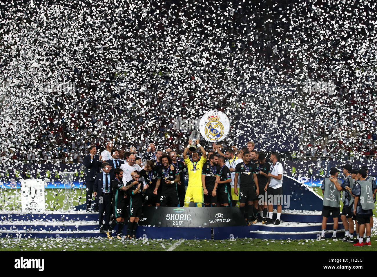 Real Madrid goalkeeper Keylor Navas lifts the UEFA Super Cup Trophy ...