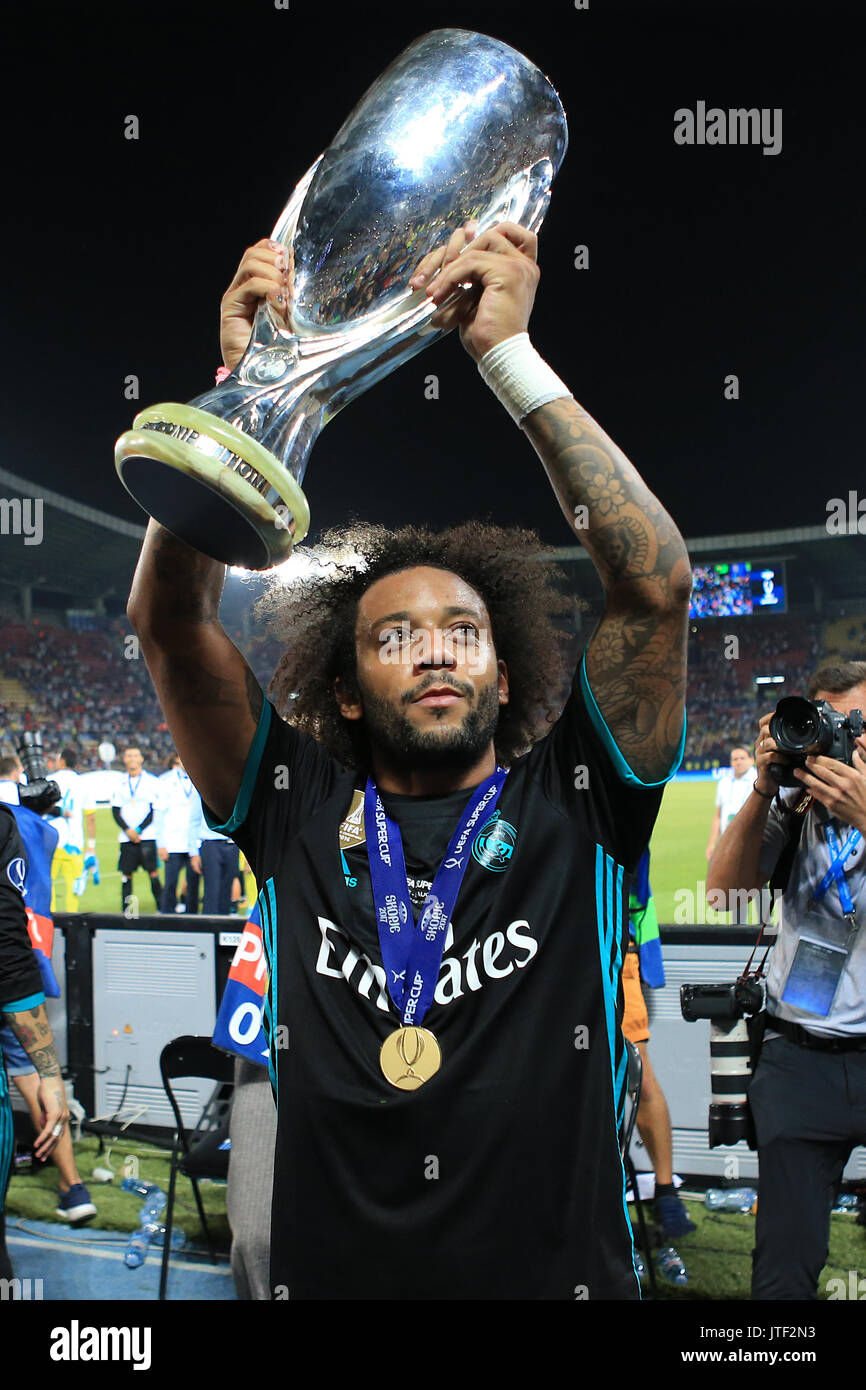 Real Madrid's Marcelo celebrates with the UEFA Super Cup Trophy during ...