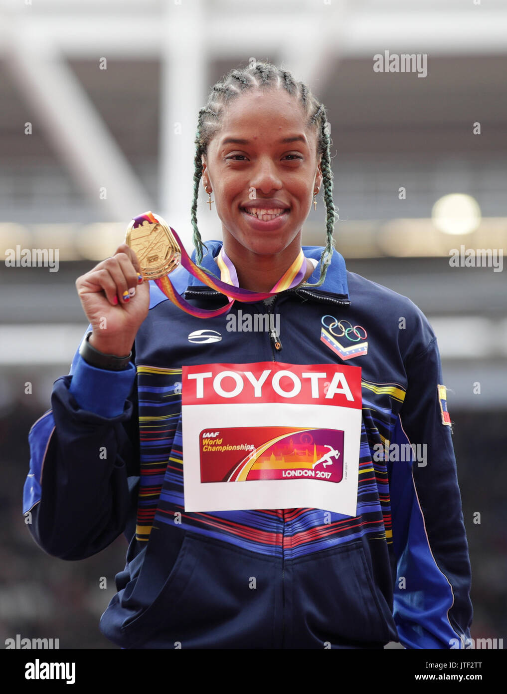Venezuela's Rojas Yulimar (gold) on the podium for the Women's Triple ...