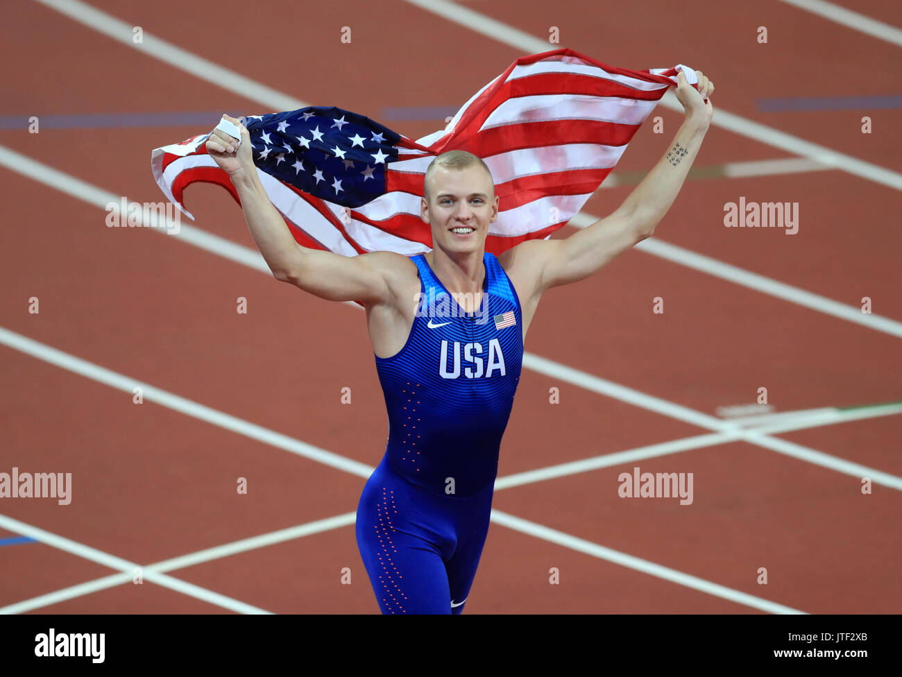 USA's Sam Kendricks celebrates gold in the Men's Pole Vault during day ...