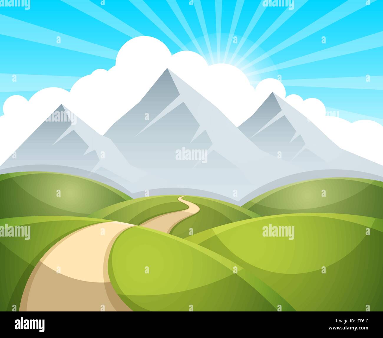 Cartoon landscape illustration. Sun. cloud, mountain Stock Vector Image ...