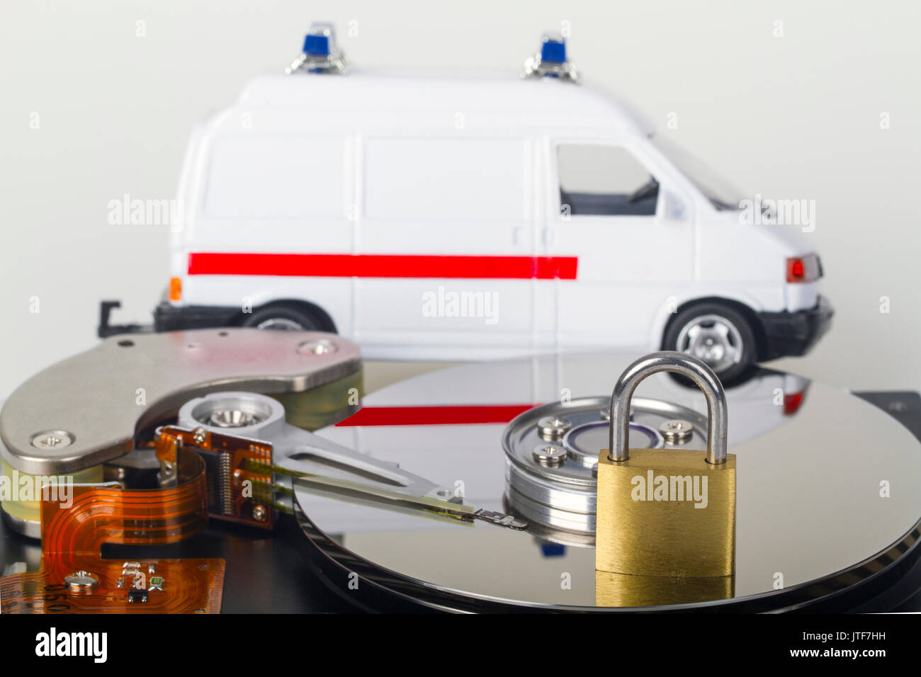 Harddrive with Emergency and lock on harddrive in detail Stock Photo ...