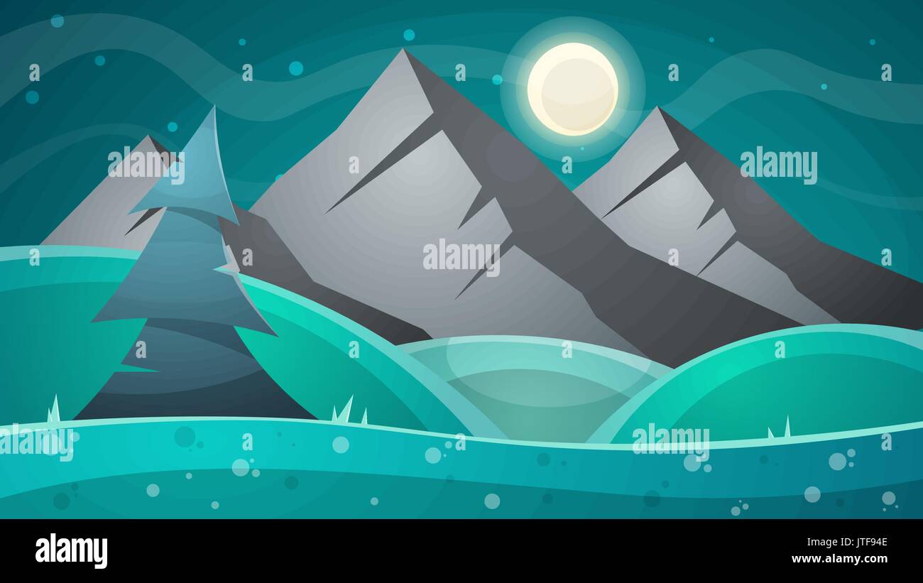 Cartoon night landscape. Comet, moon, mountains, fir illustration Stock ...