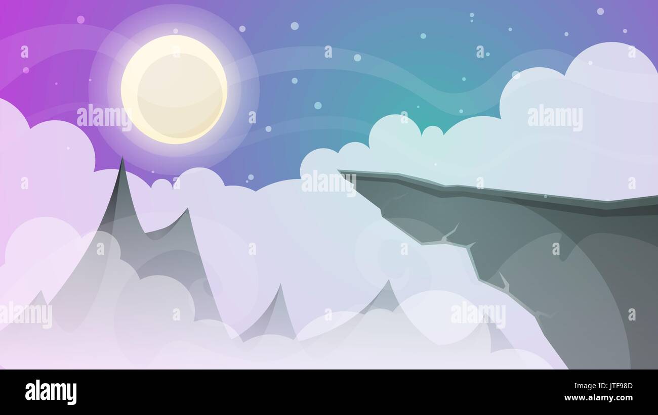 Cartoon night landscape. Comet, moon, mountains, fir illustration Stock ...