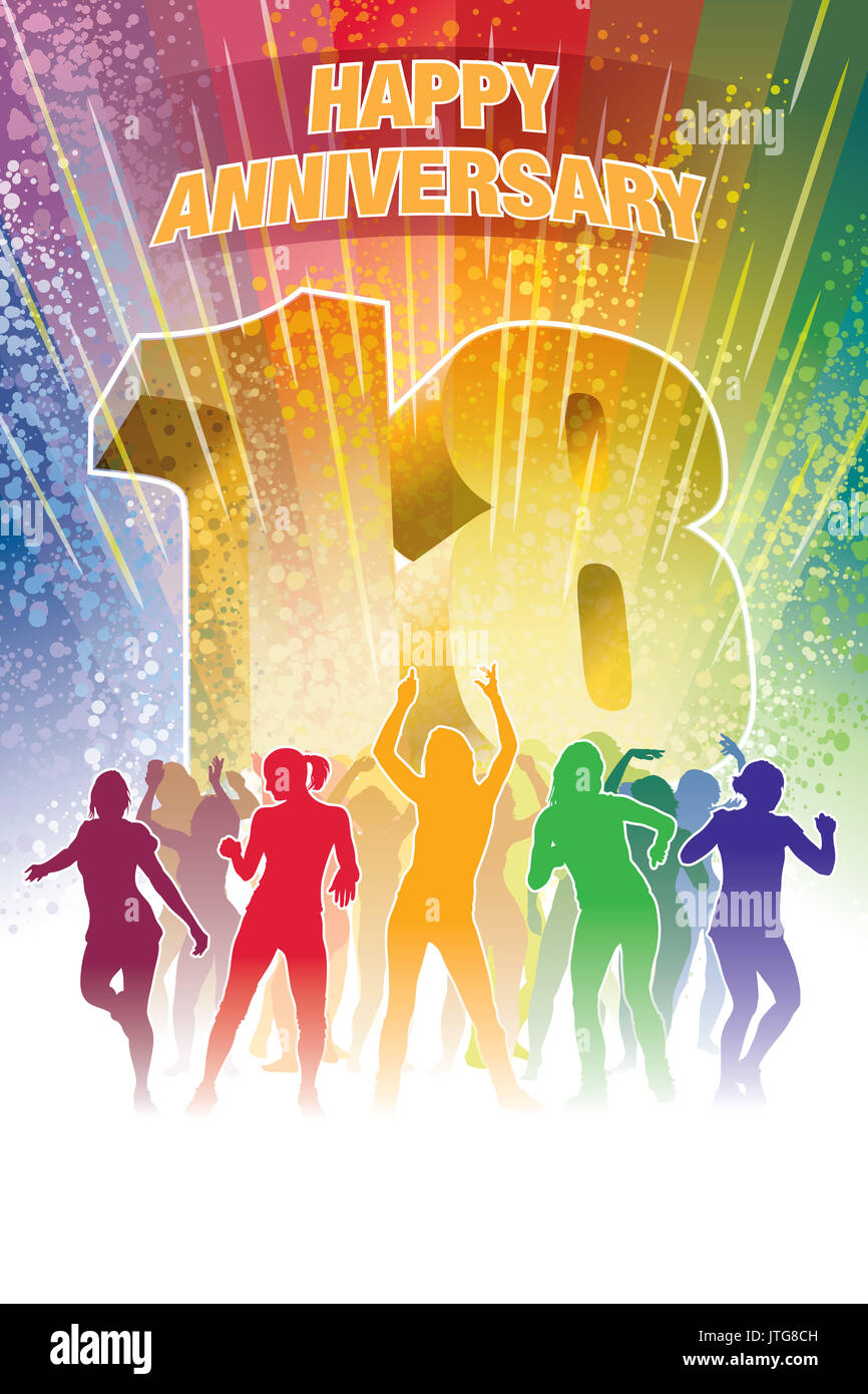 Colorful crowd of dancing people celebrating eighteenth anniversary ...