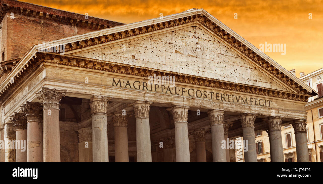 Ancient building of Pantheon in Rome over yellow sunset sky, Italy ...