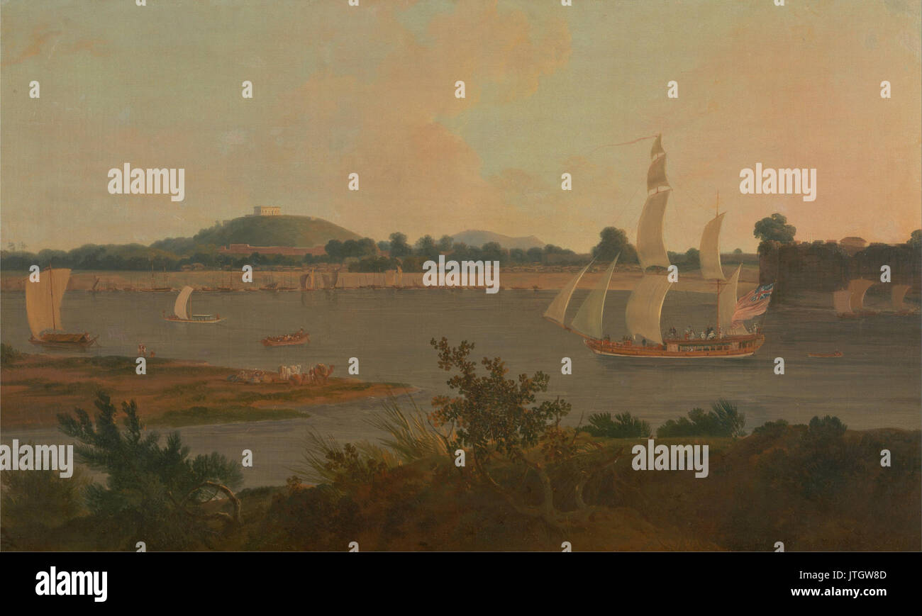 Thomas Daniell Pinnace sailing down the Ganges past Monghyr Fort Stock ...