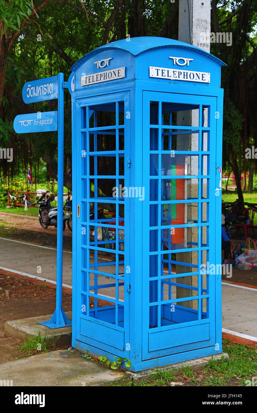 Blue traditional London / British telephone box in Ayutthaya, Thailand ...