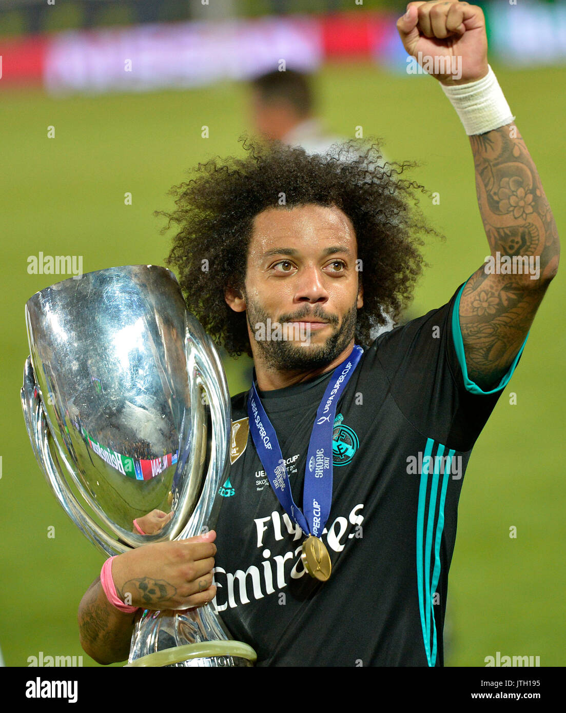Skopje, Macedonia. 8th Aug, 2017. Real Madrid's Marcelo celebrates with ...
