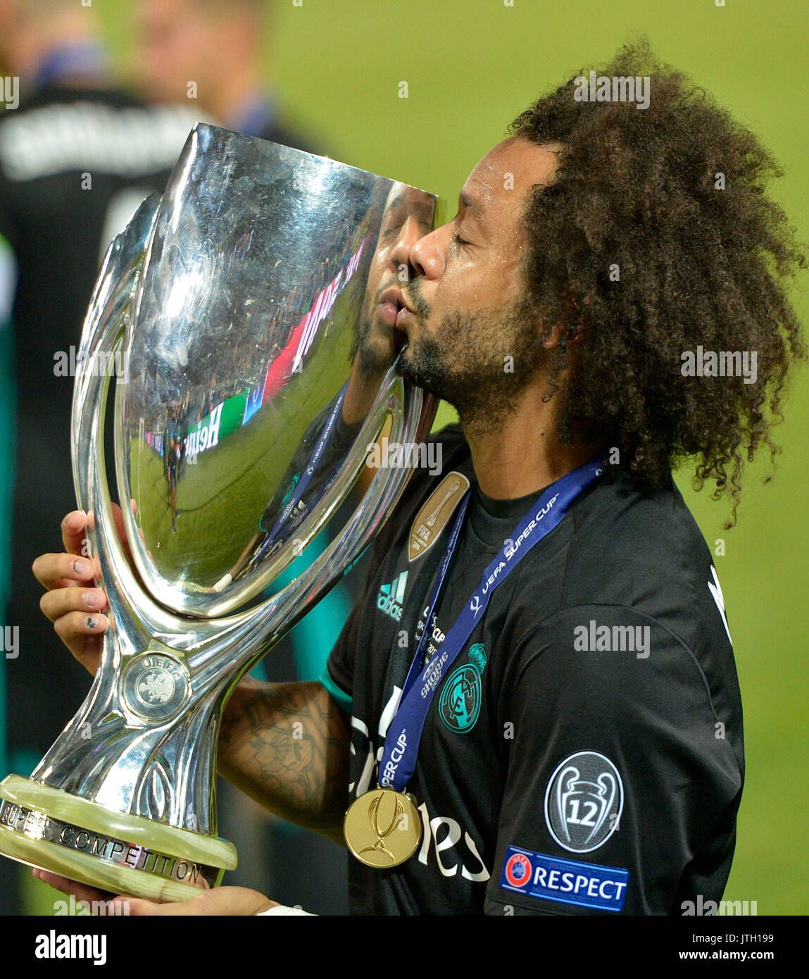 Skopje, Macedonia. 8th Aug, 2017. Real Madrid's Marcelo celebrates with ...