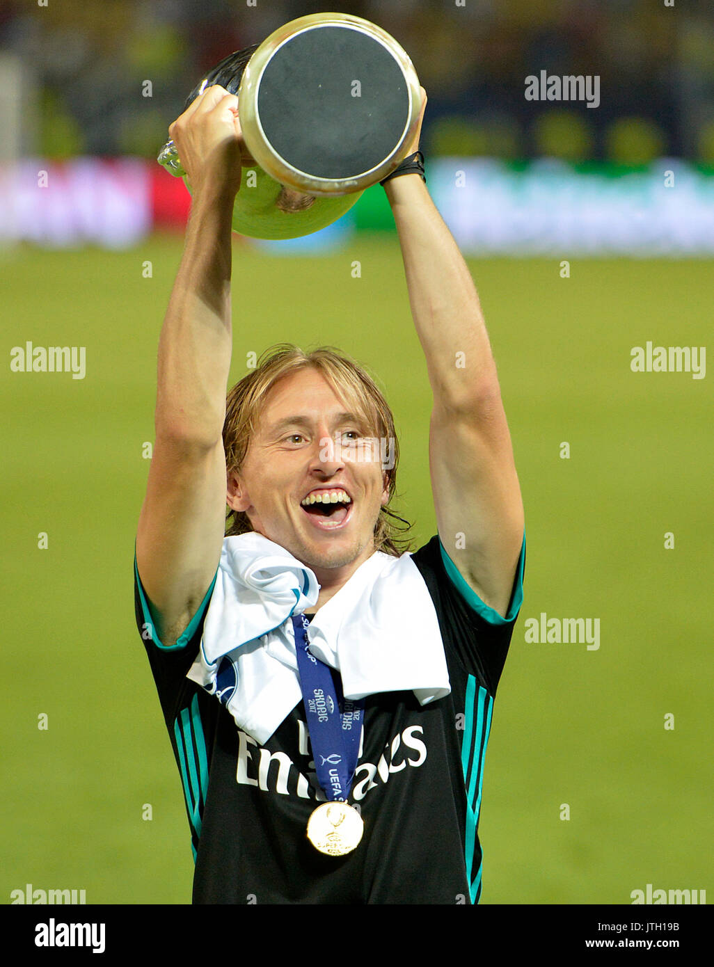 Skopje, Macedonia. 8th Aug, 2017. Real Madrid's Luka Modric celebrates ...