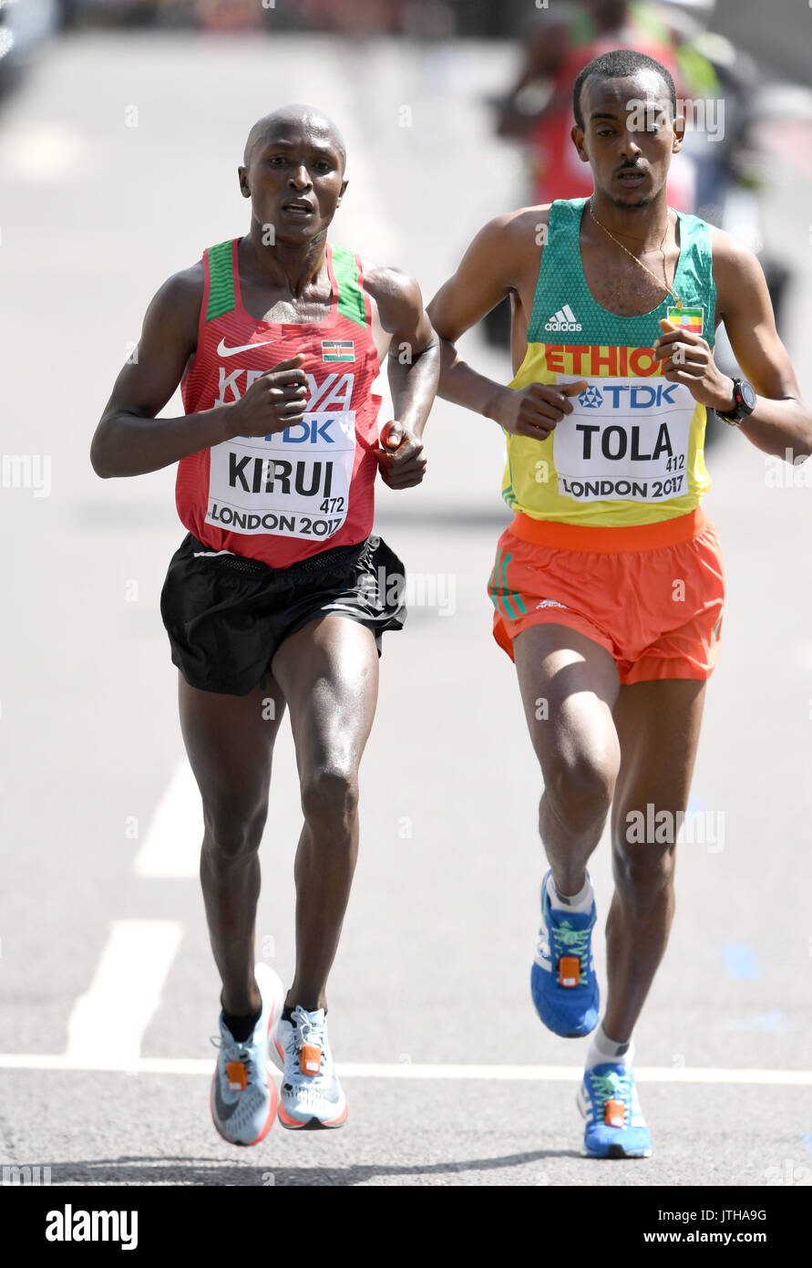 Geoffrey Kirui (KEN) and Tamirat Tola (ETH) place first and second in the marathon in 2:08:27 ...