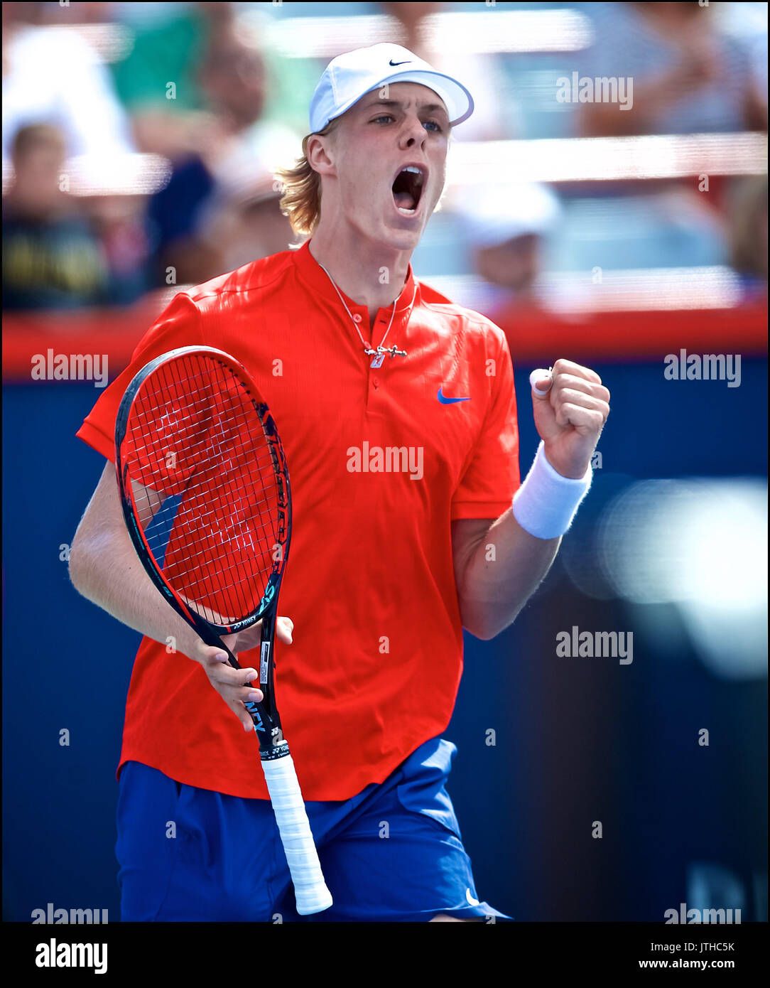 Denis Shapovalov of Canada celebrates a point against Juan Martin Del ...