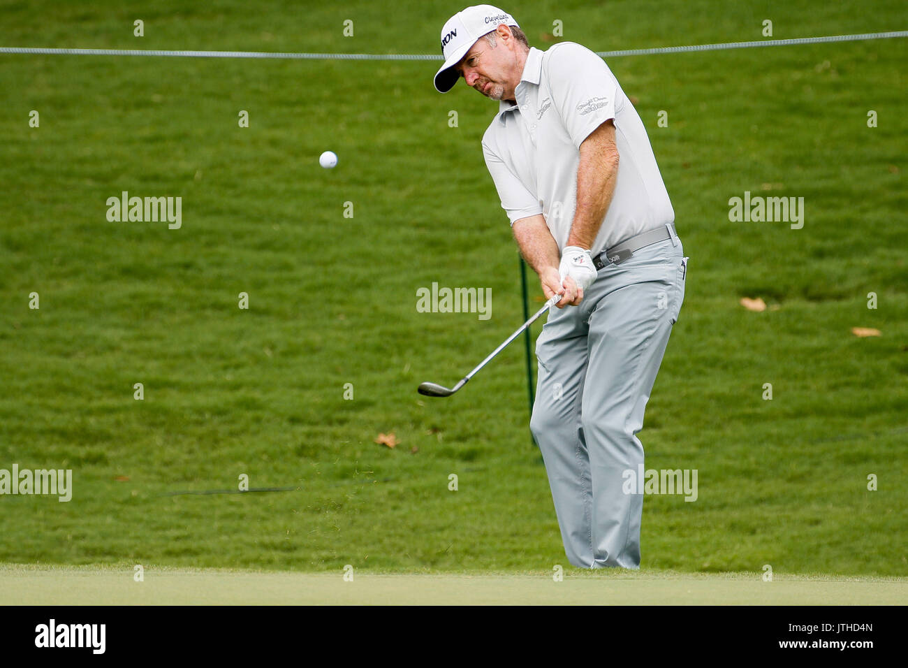 August 9, 2017: Rod Pampling of Australia chips on to the eighth green ...