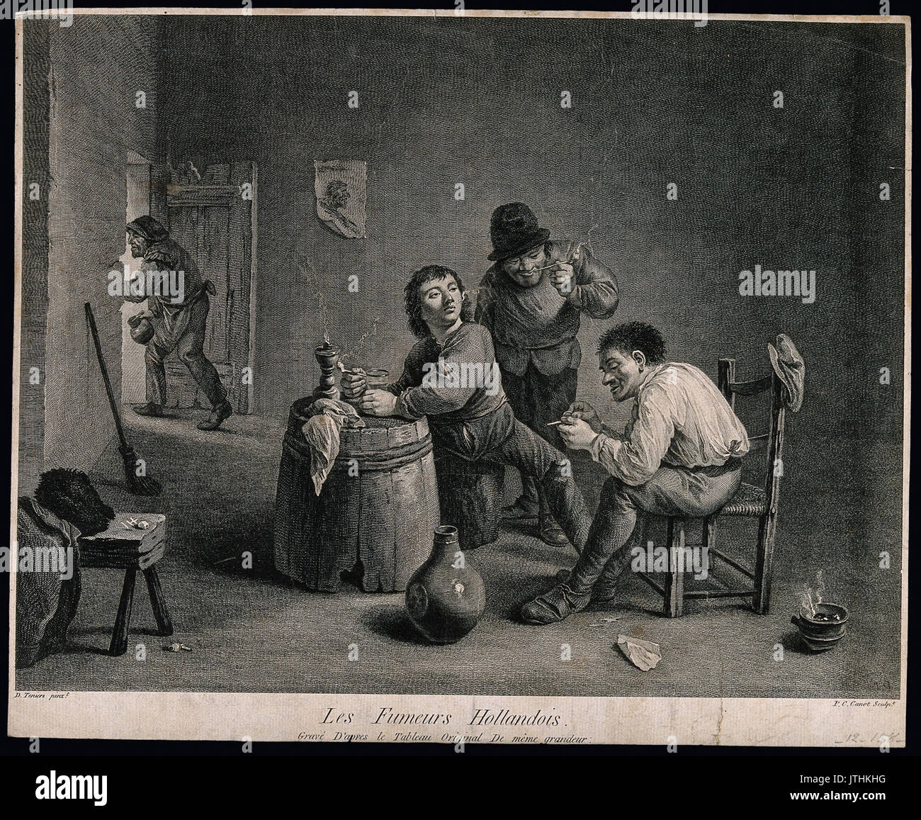 Three Dutch men drink and smoke round a barrel table, behind Wellcome ...