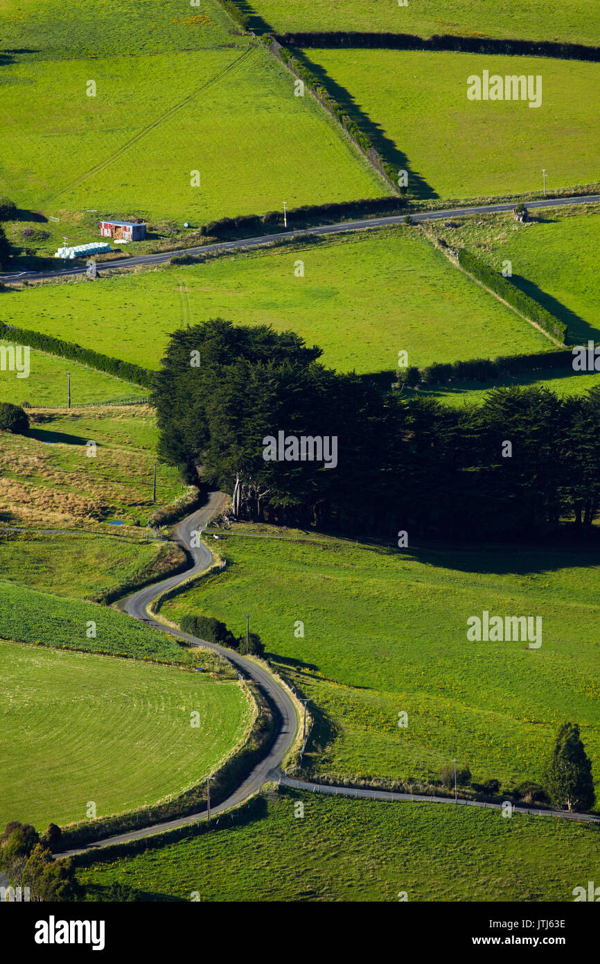 Farmland and road at Upper Junction, Dunedin, South Island, New Zealand ...