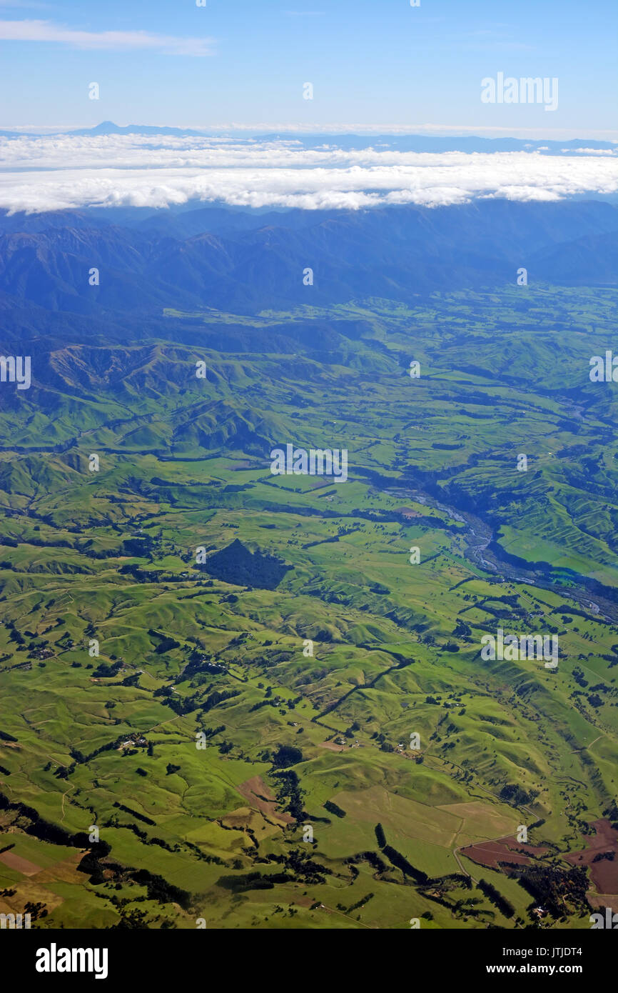 Aerial view of Hawkes Bay agricultural farmland and the Ruahine Ranges ...