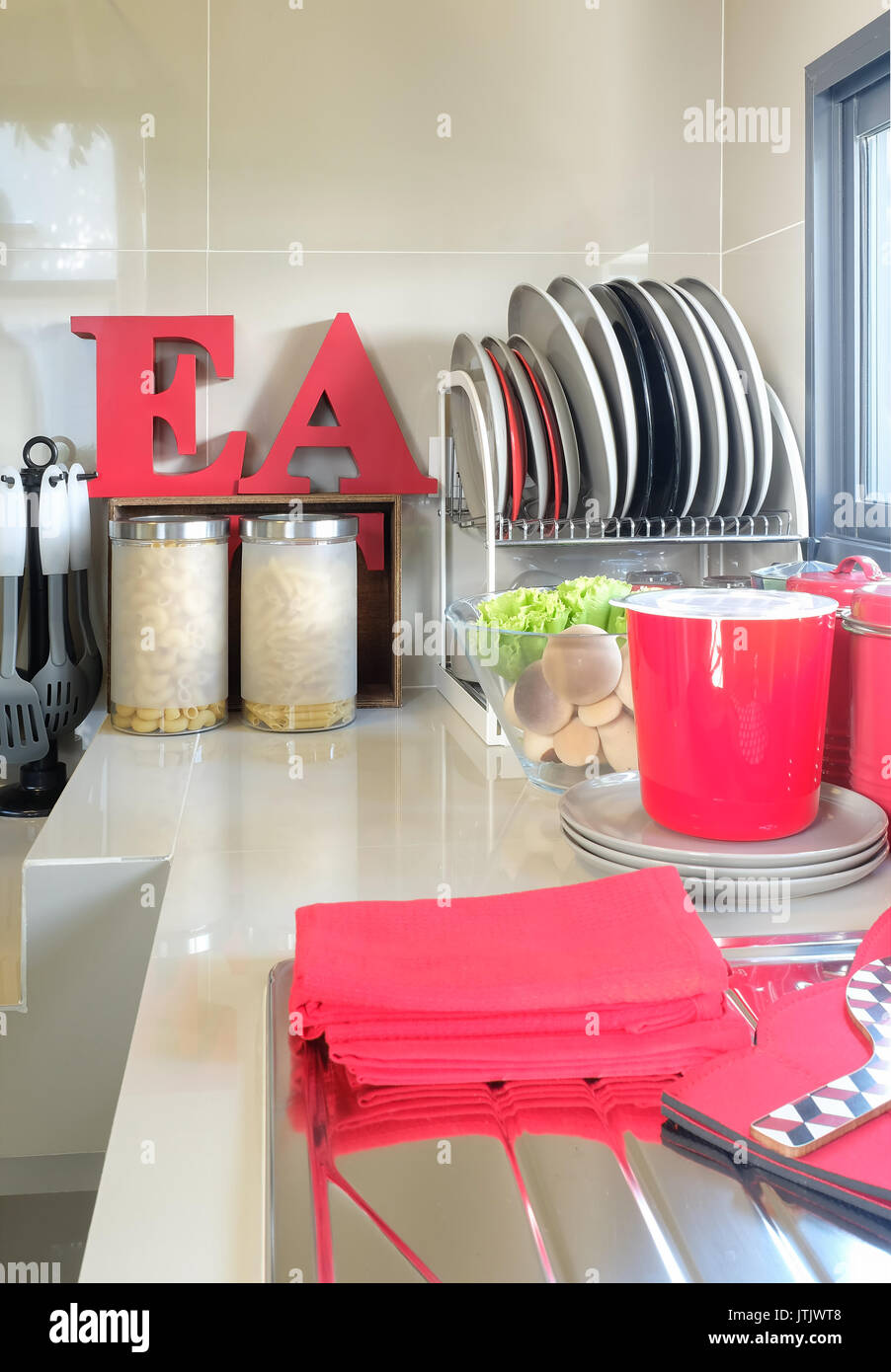 kitchenware and utensil on counter in kitchen room at home Stock Photo ...
