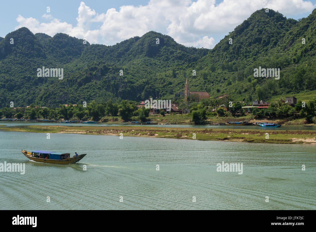 Limestone Landscape with River, Boat, Village and Church, Dong Hoi ...