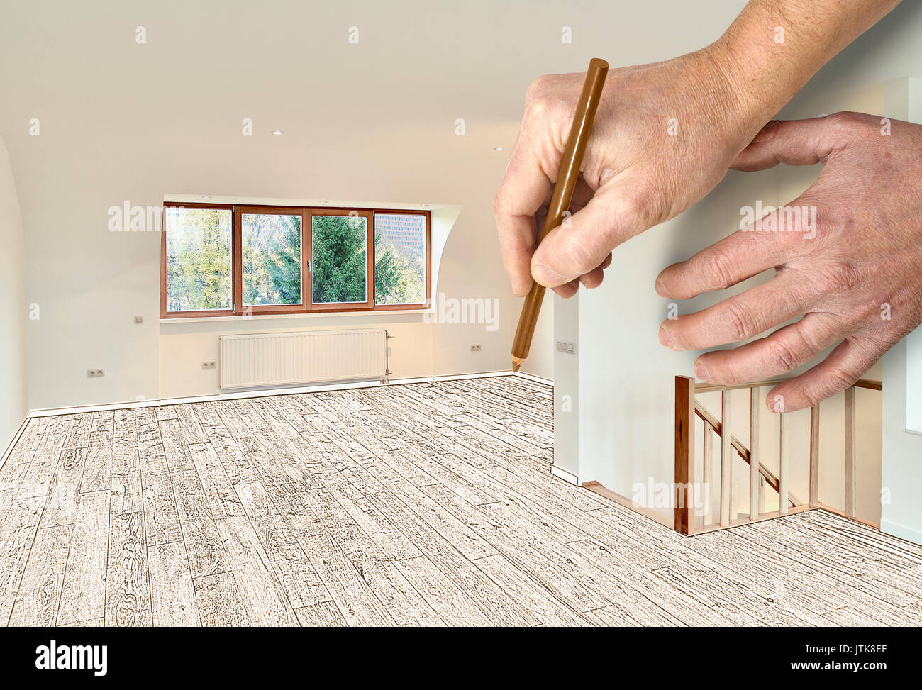 Two hands Drawing a hardwood floor for renovation Stock Photo - Alamy