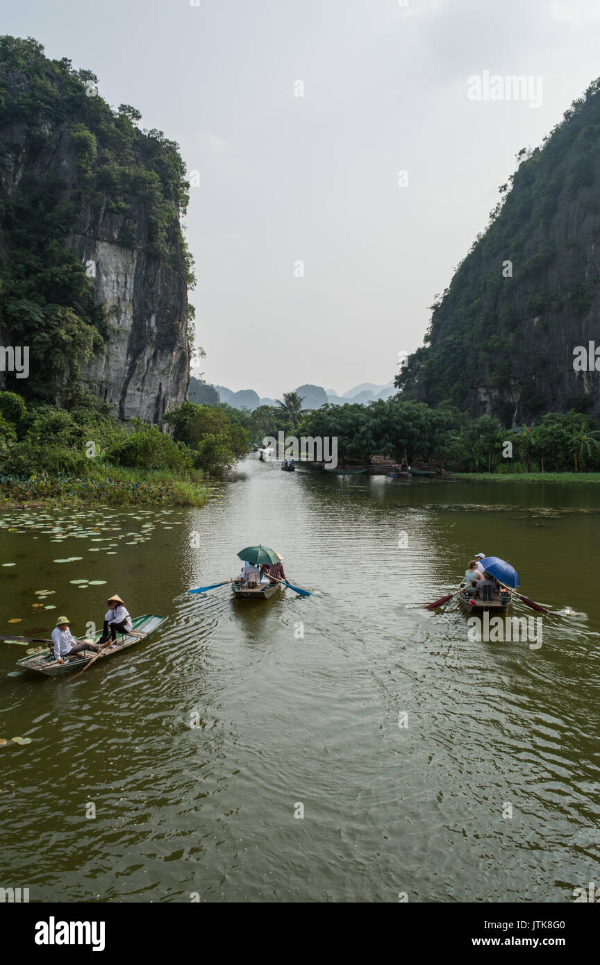 Limestone Landscape with River, Rowing Boats and Water Lilies, Tam Coc ...