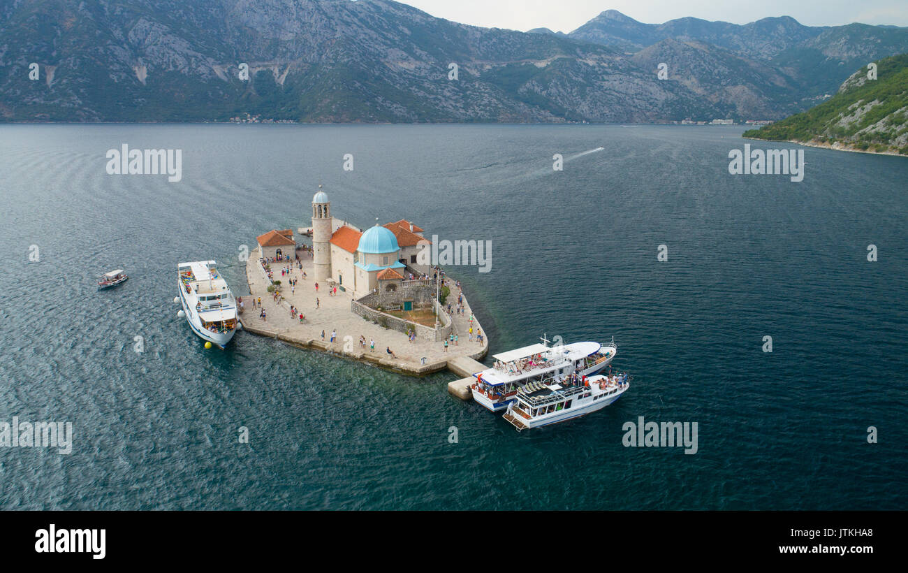Aerial view of the island of Gospa od Skrpjela, Montenegro Stock Photo ...