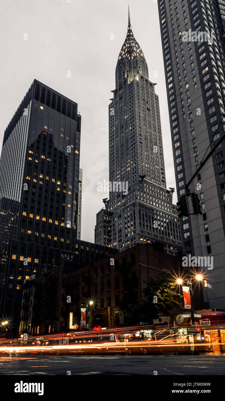 Chrysler building with traffic light trails in New York City Stock ...