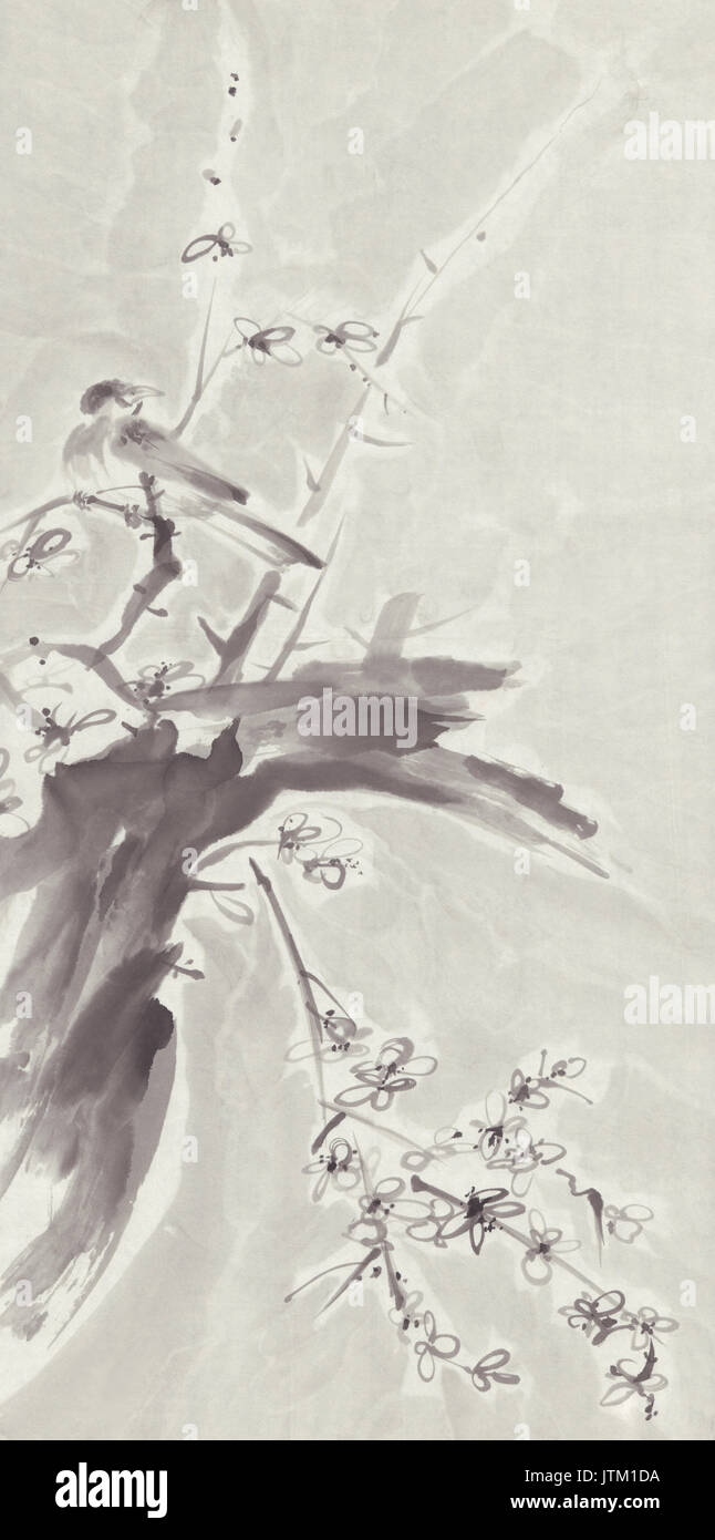 Bird on a cherry tree branch sumi-e ink painting Stock Photo - Alamy