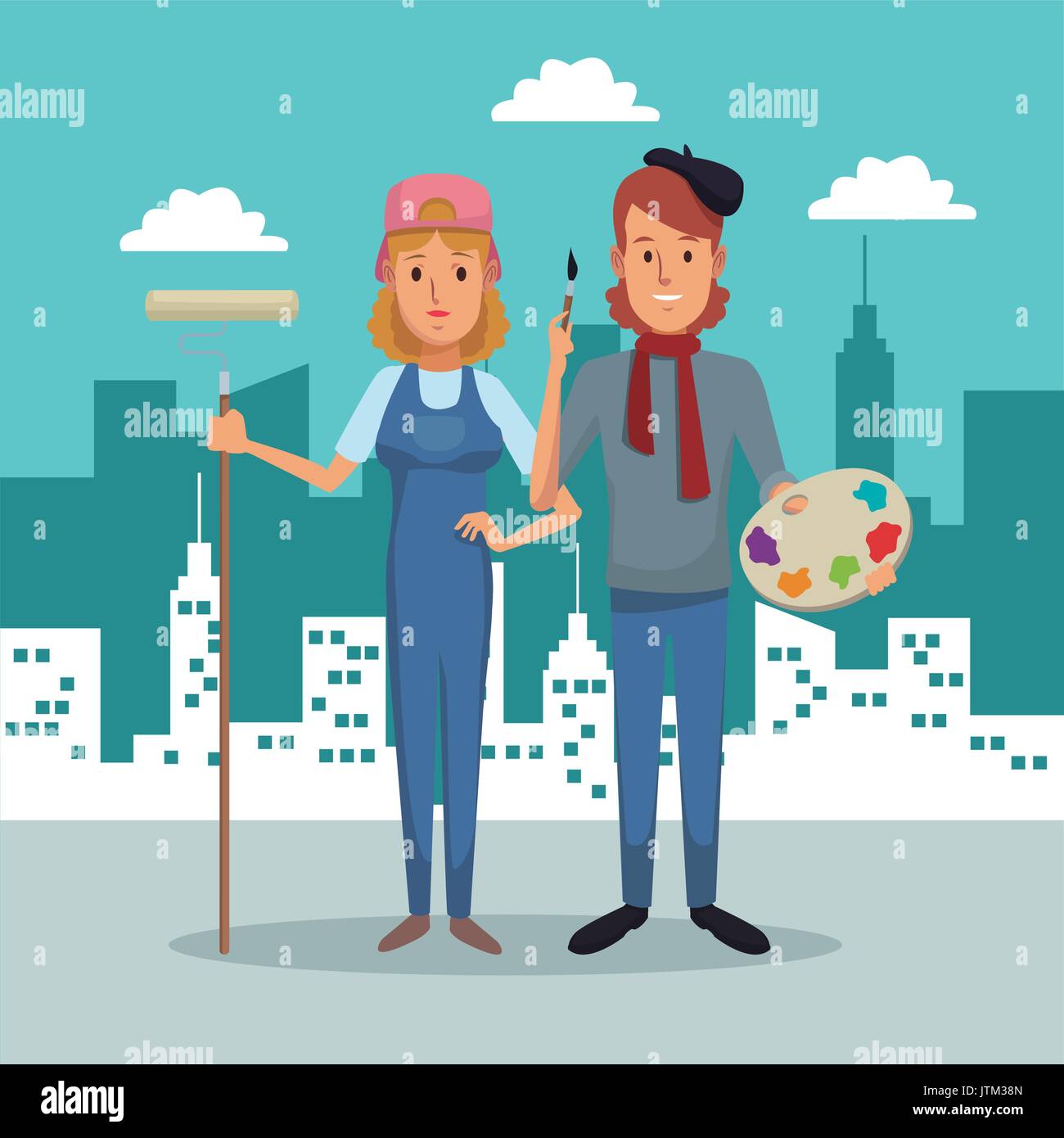 city landscape background with full body couple woman painter and male ...