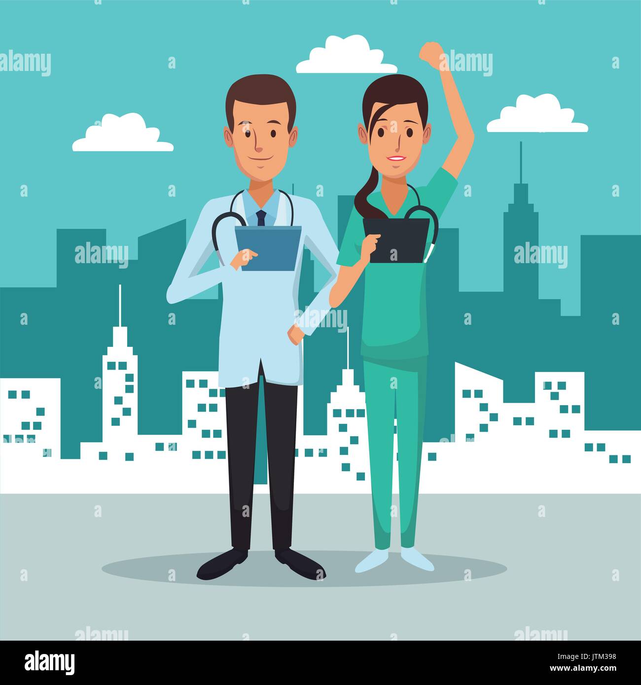 city landscape background with full body couple doctor and nurse Stock ...