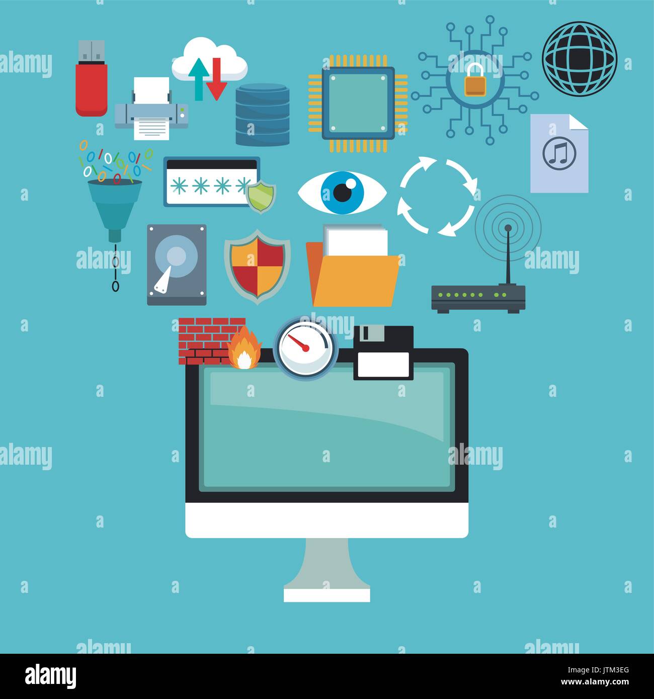 color background with computer display and set collection technology ...