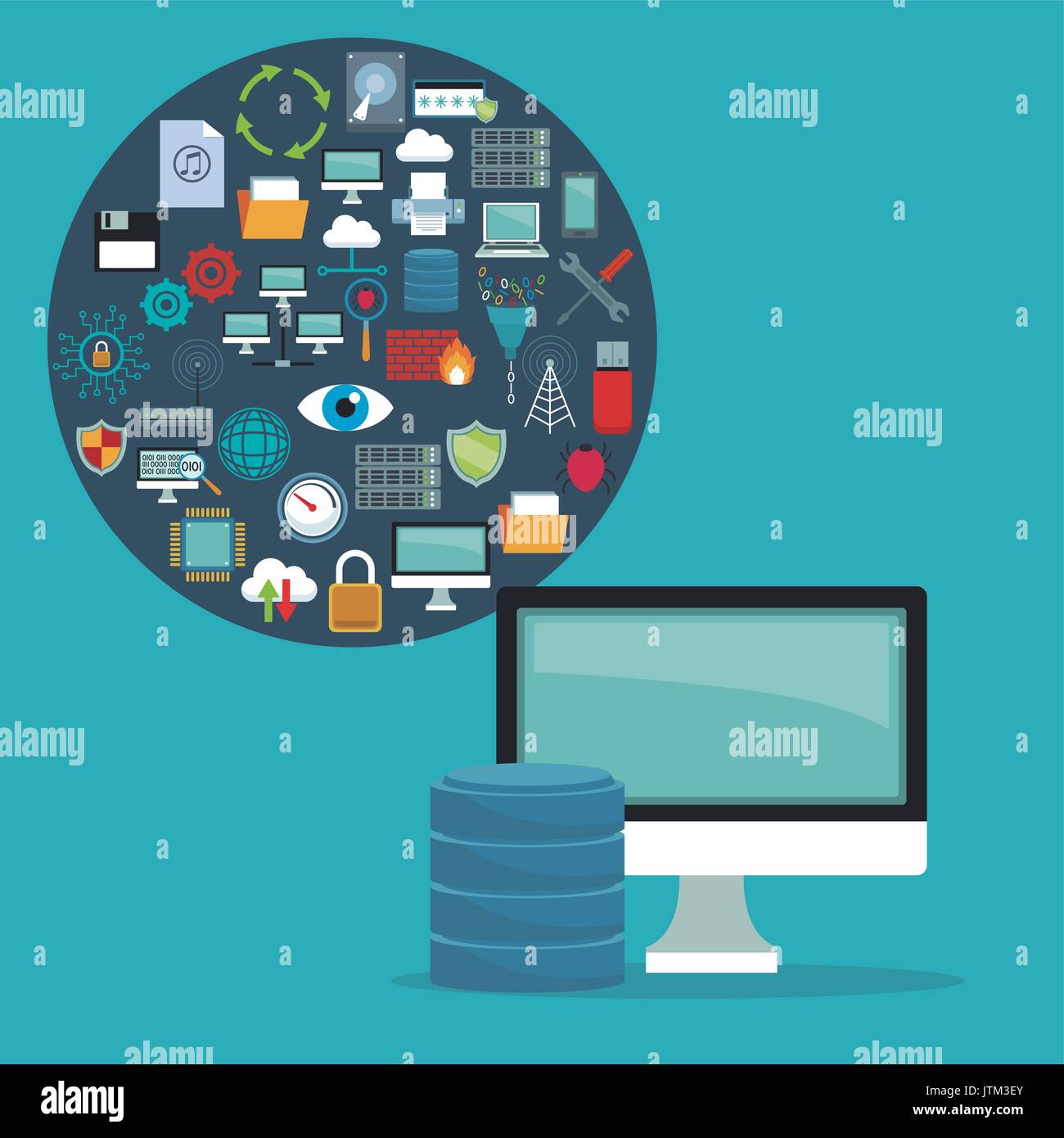 color background with computer display and circular frame with set ...