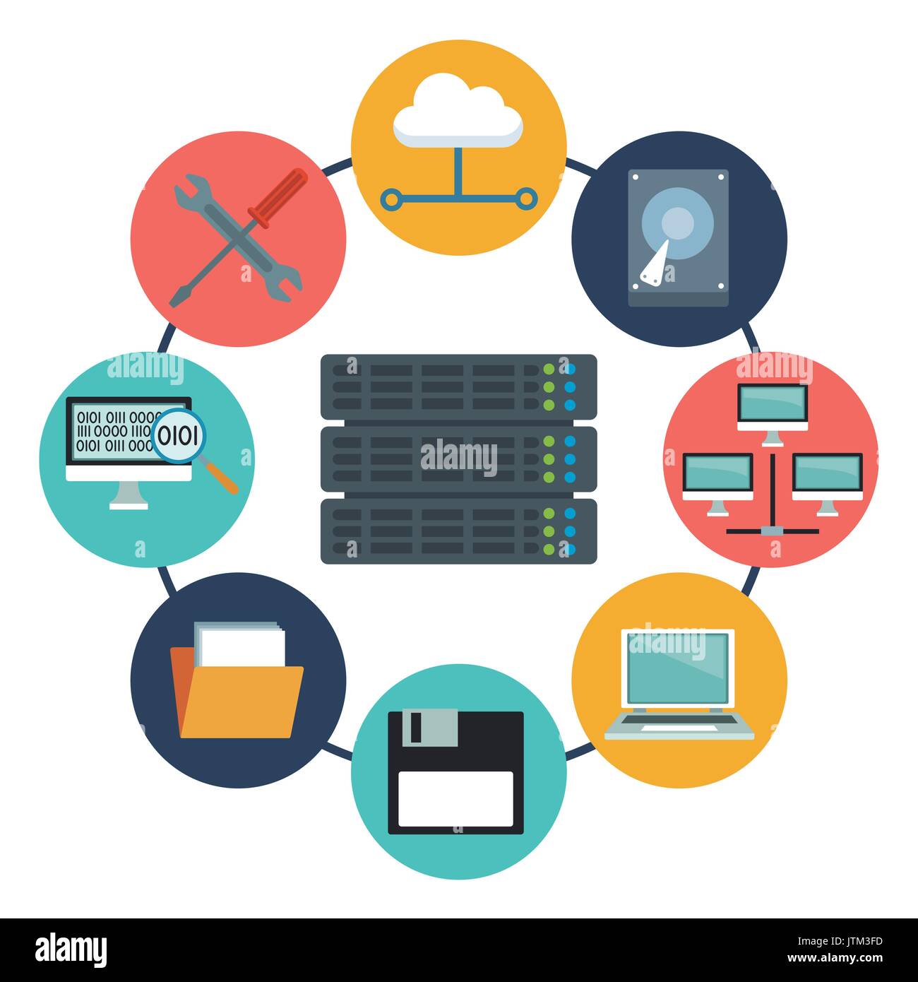 white background with rack server and icons elements data center around ...