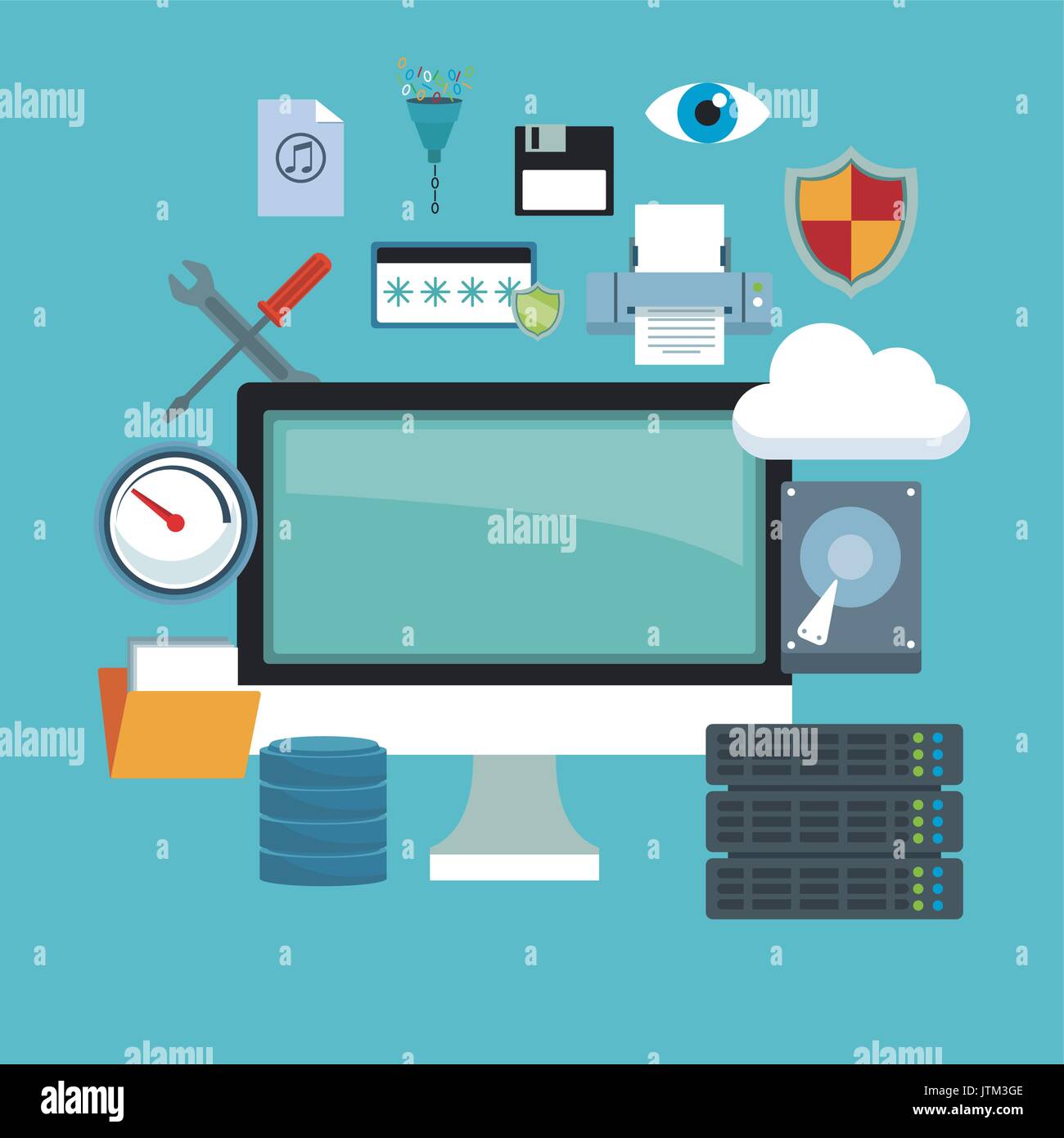 color background with computer display and technology elements in icons ...