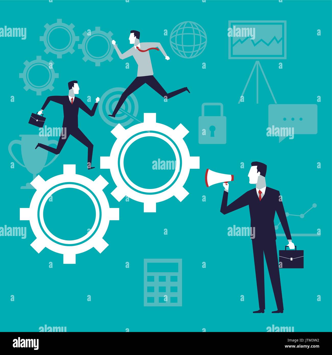color background with executive group running in gears mechanism and ...