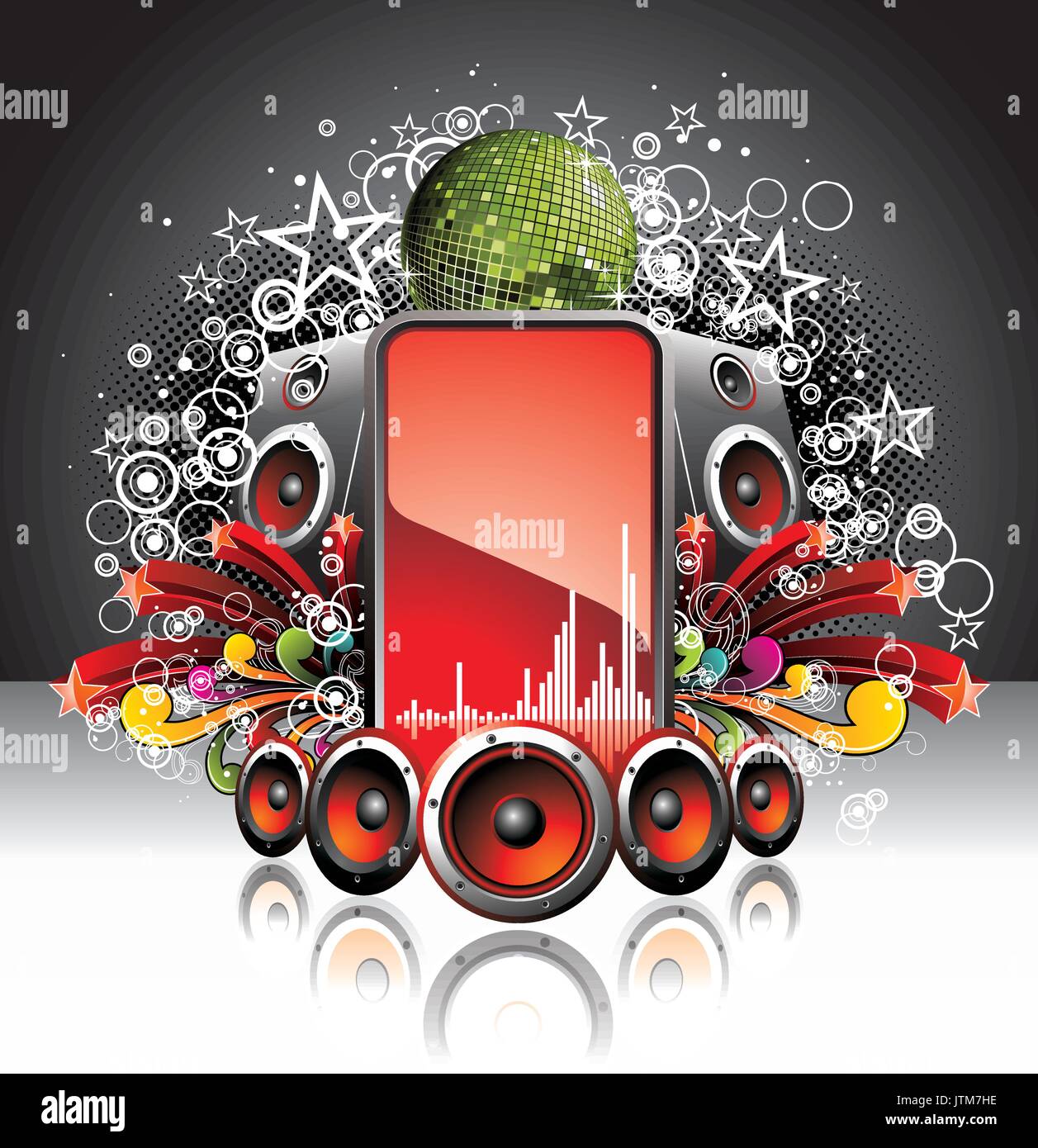 vector illustration for a musical theme with speakers and disco ball ...