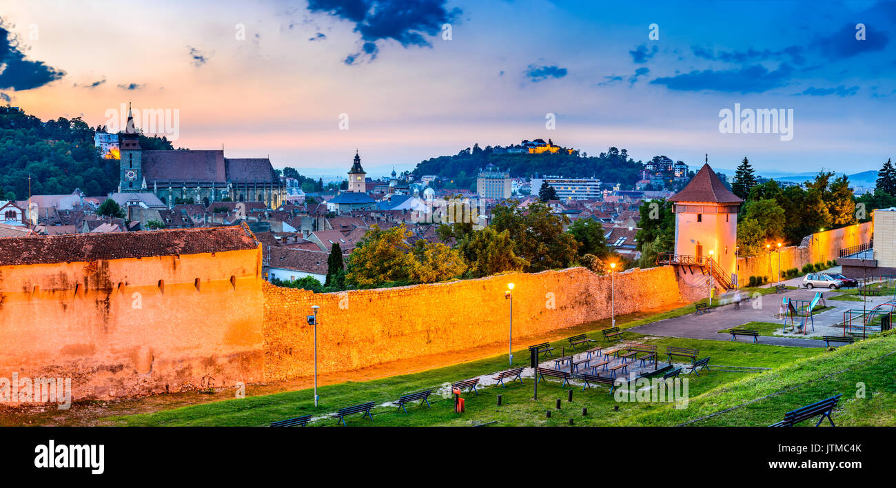 Brasov, Romania - Twilight image with medieval city walled ...
