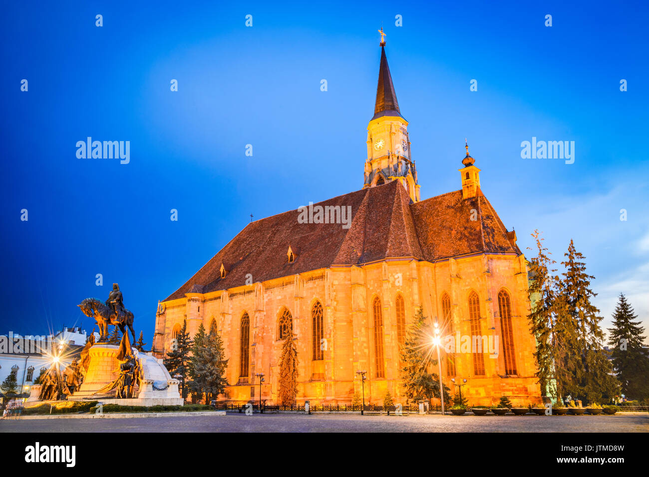 Cluj, Romania. Night scene with St. Michael's Church and Unirii Square ...
