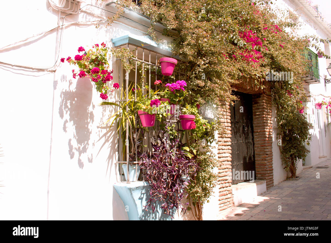Street. Beautiful Spanish house. Flowers and trees Stock Photo - Alamy