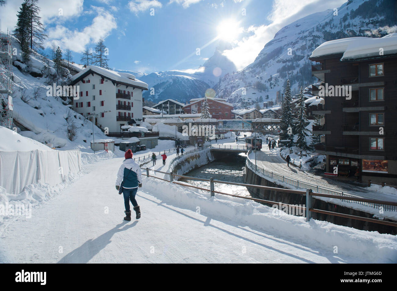 A close-up view of the village of Zermatt and the Vispa River with the ...
